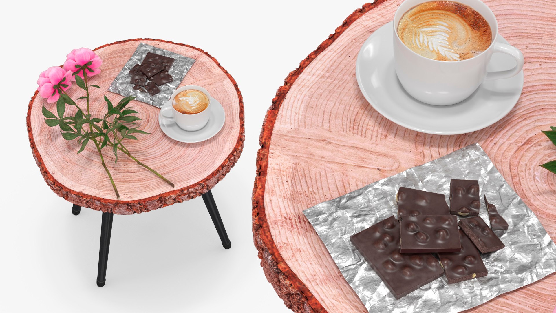 3D Decorative Wooden Table With Flowers Coffee And Chocolate Model ...