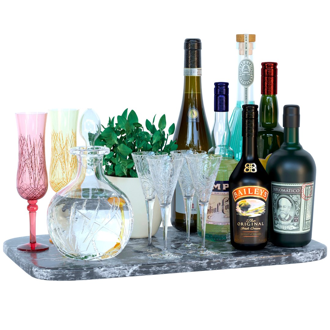Tray With Alcohol And Crystal Glasses Model - TurboSquid 1933205