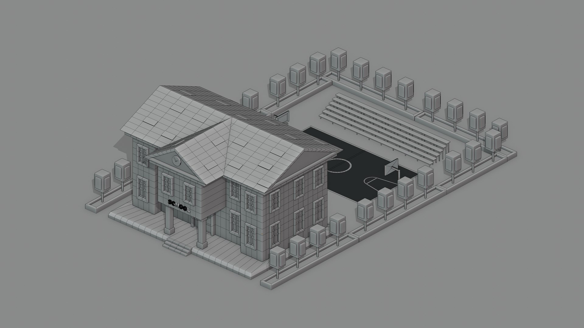 Low Poly School Building And Basketball Court Model - TurboSquid 2100519