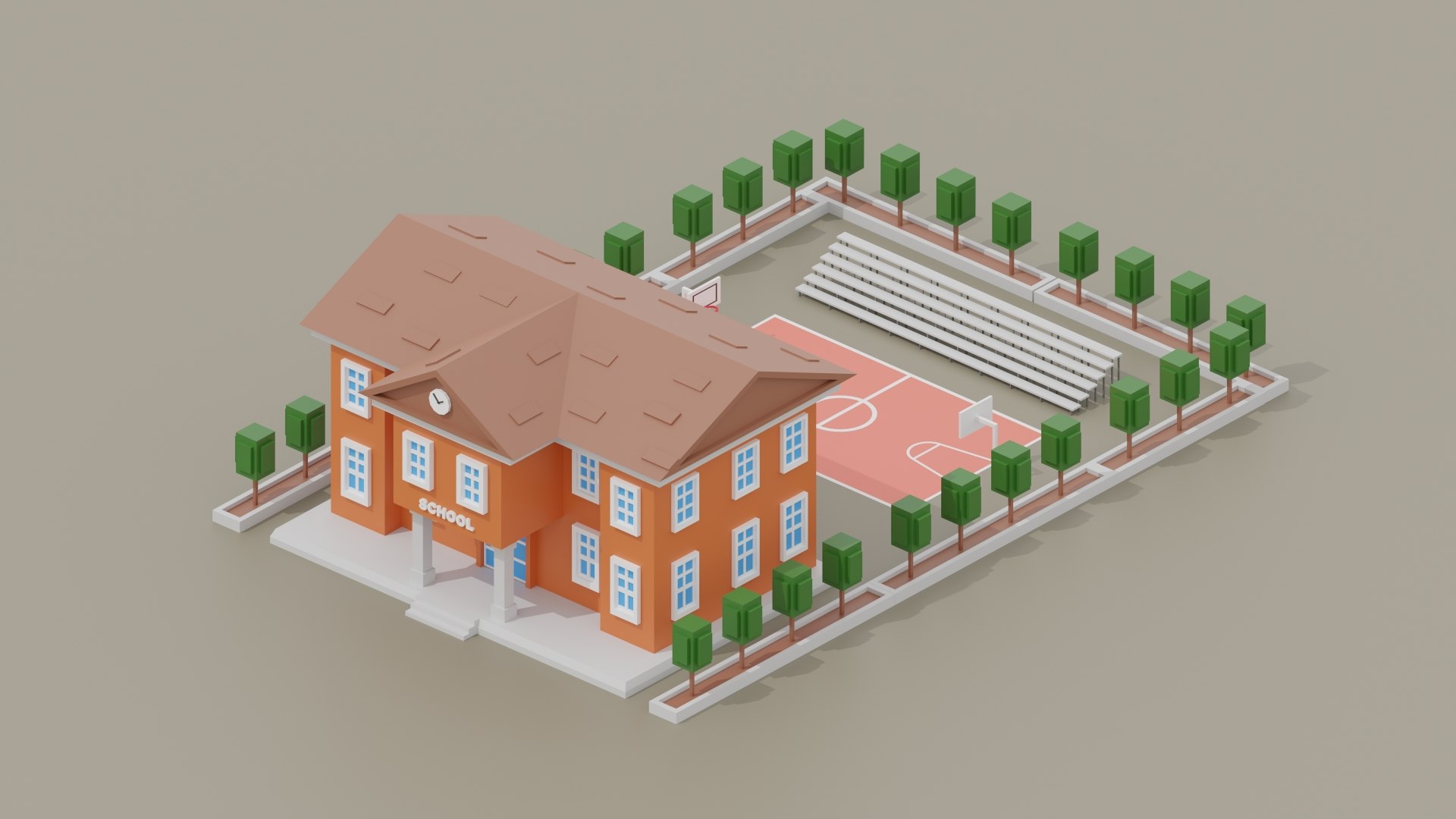 Low Poly School Building And Basketball Court Model - TurboSquid 2100519