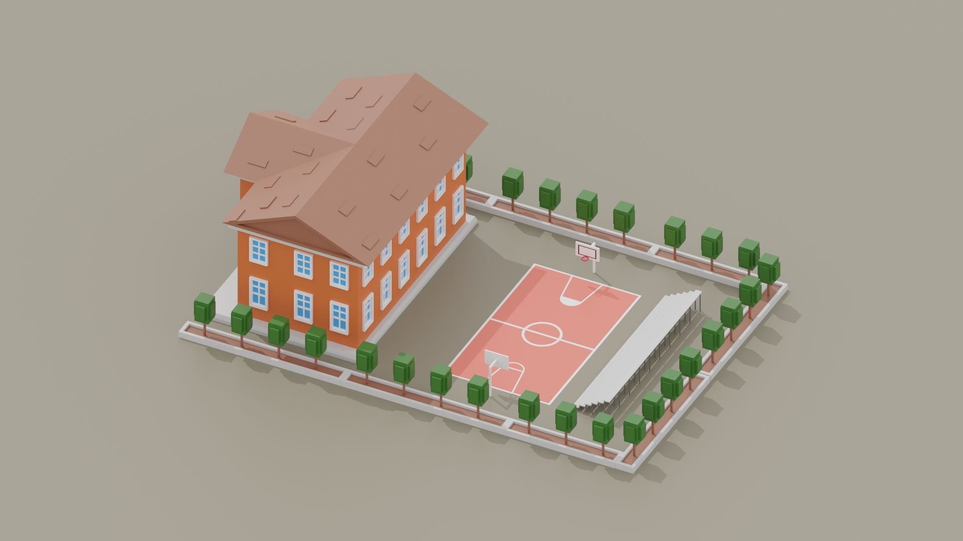 Low Poly School Building And Basketball Court Model - TurboSquid 2100519
