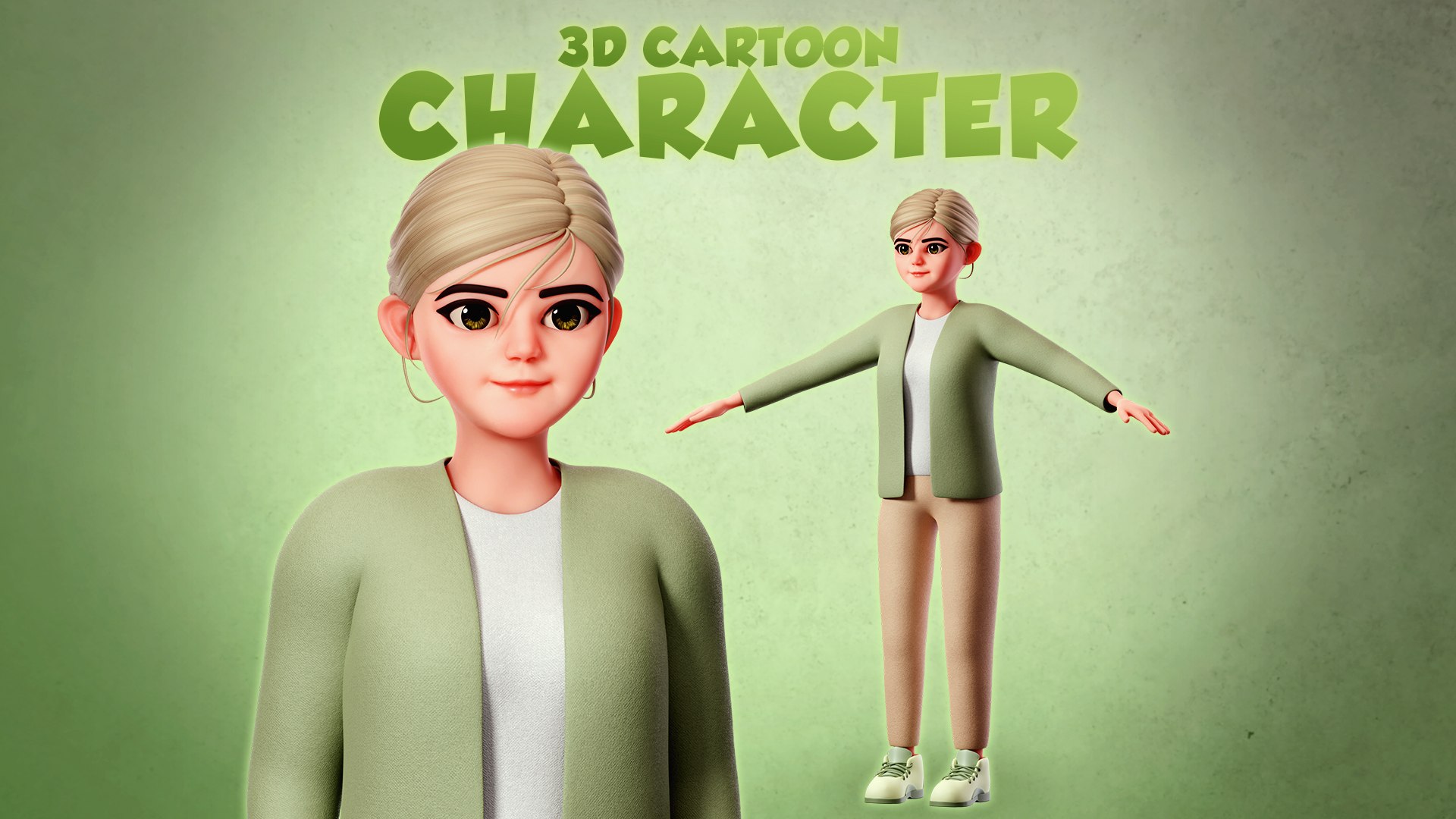 3D Cartoon Character - Cute Female Character With Green Dressed 3D ...