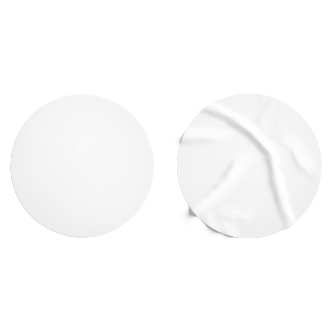 3D Two White Round Stickers - flat and crumpled adhesive label ...