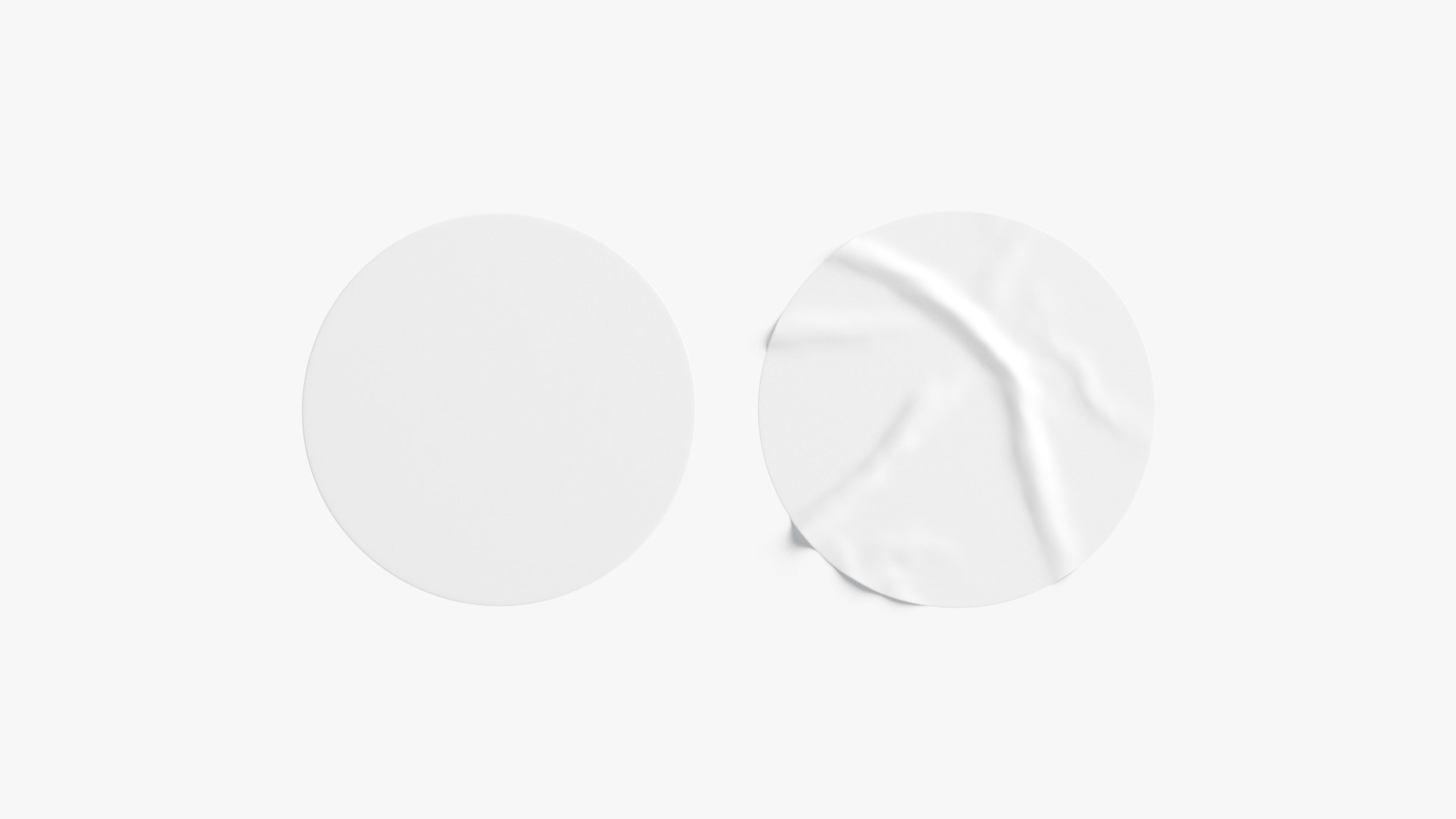 3D Two White Round Stickers - flat and crumpled adhesive label ...
