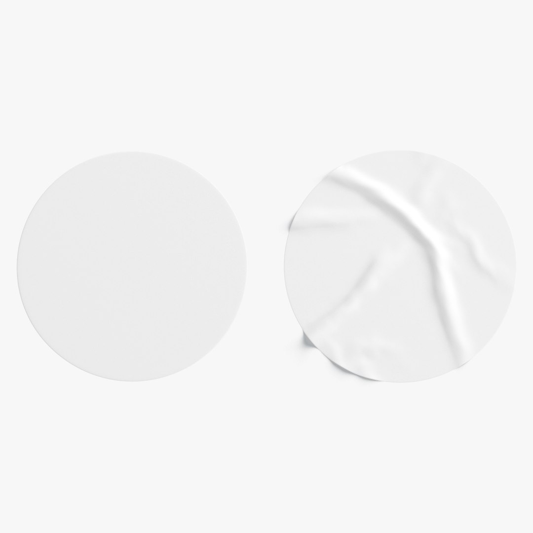 3D Two White Round Stickers - flat and crumpled adhesive label ...