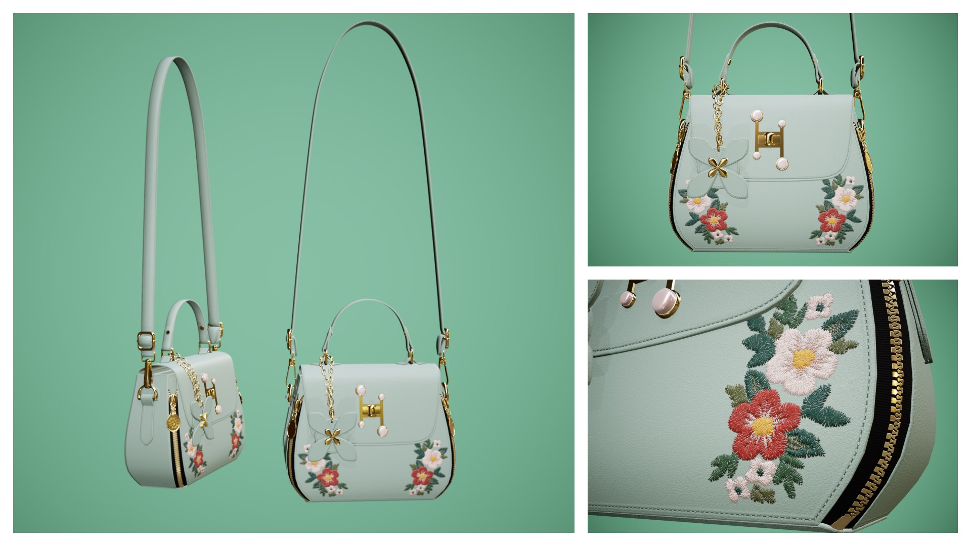 3D Model Flower Green Handbag With Flower Embroidery - TurboSquid 1905114