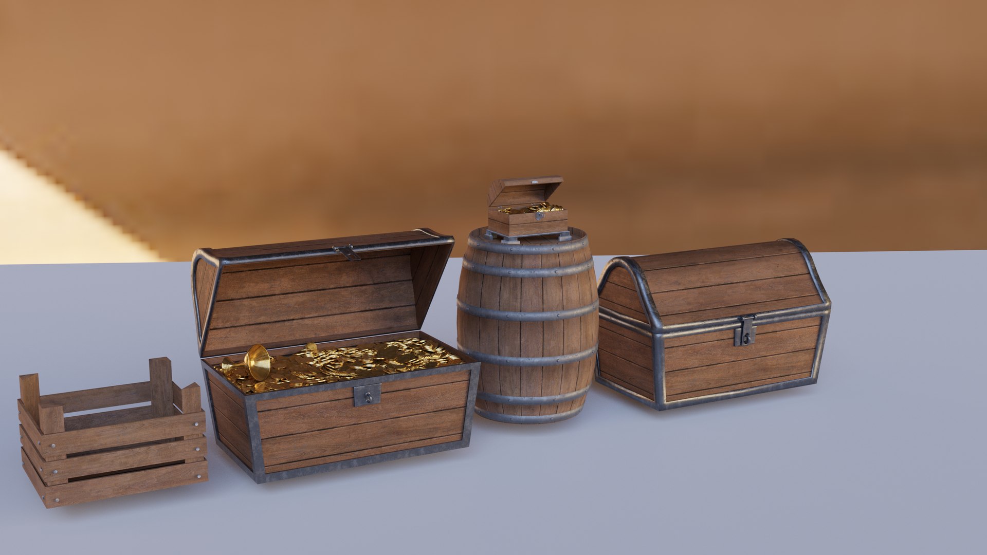 3D Model Wood Chest Barrels Assets - TurboSquid 2344782