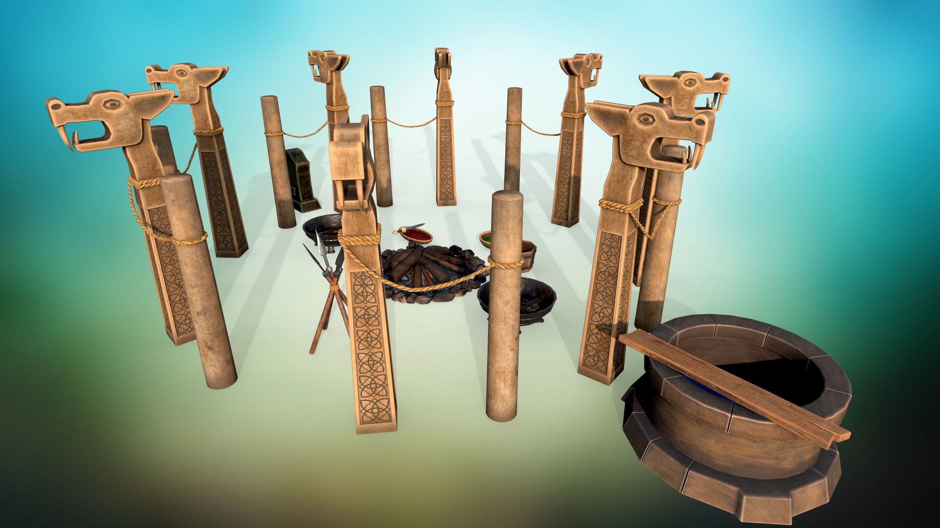 3D Model Stylized Ritual Altar Columns Bonfire Grave Sacrificial Knife ...