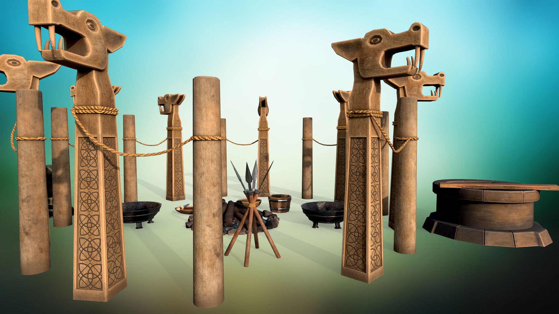 3D Model Stylized Ritual Altar Columns Bonfire Grave Sacrificial Knife ...