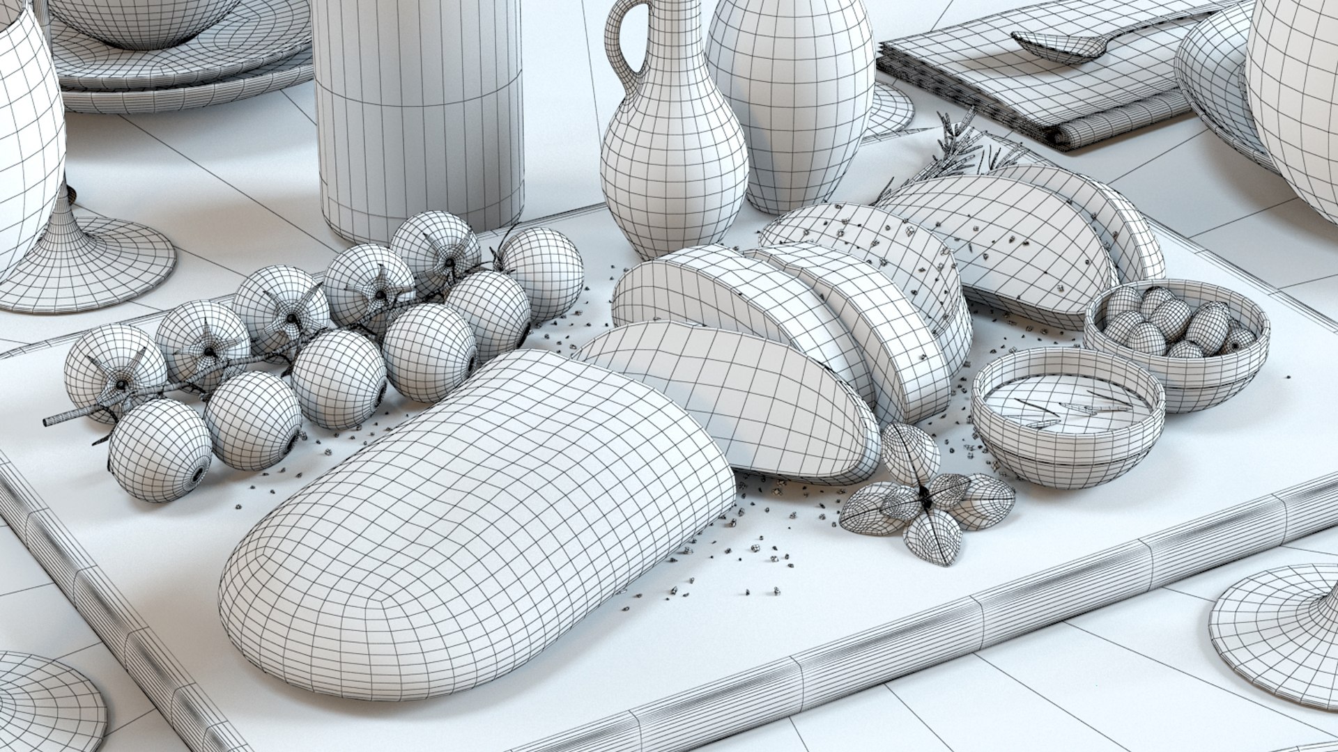 3D Table Set with Food 02 CrateBarrel Furniture Bread Board Tomato Soup ...