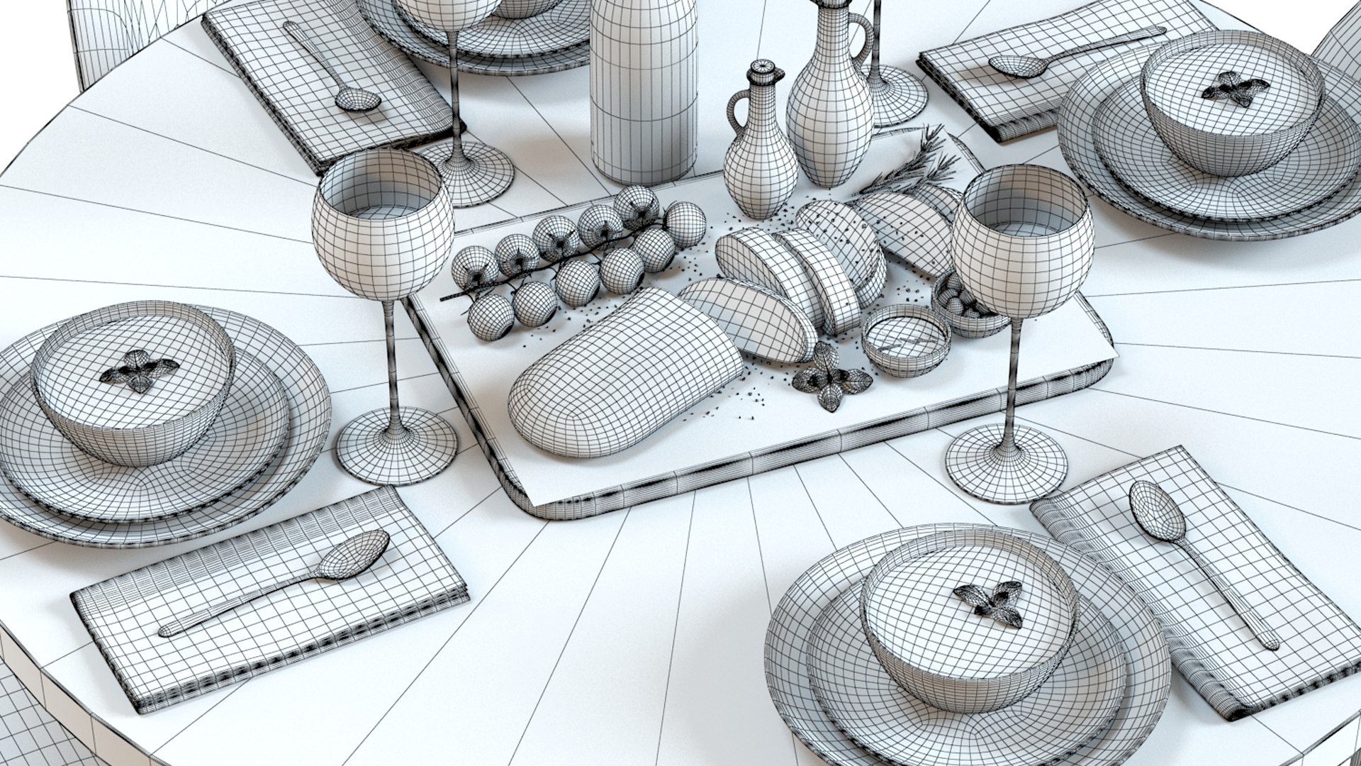 3D Table Set with Food 02 CrateBarrel Furniture Bread Board Tomato Soup ...