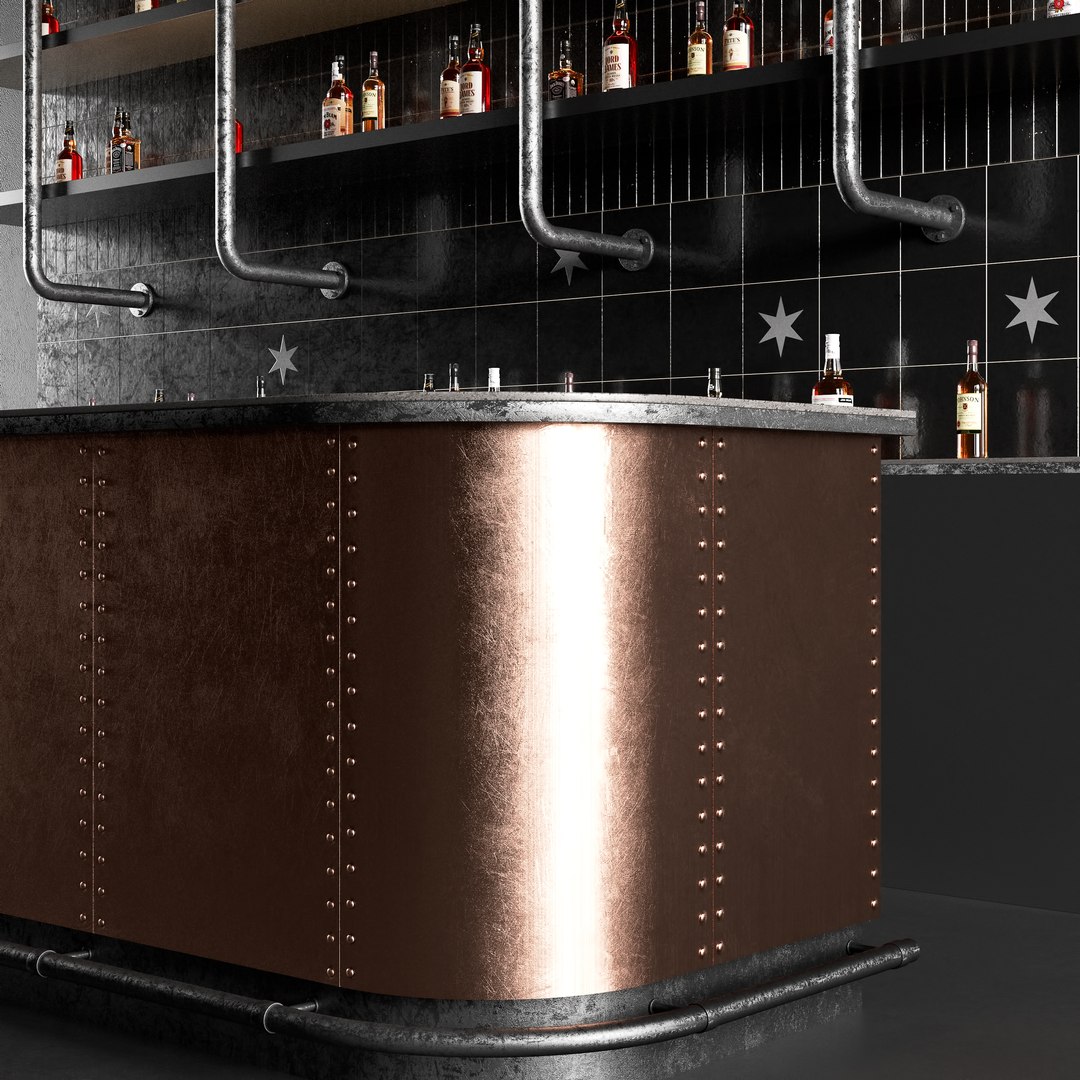 3D Bar Counter In Dark Colours With Bottles Model - TurboSquid 2103038