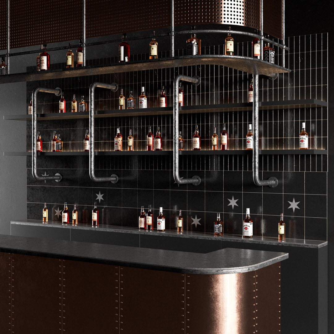 3D Bar Counter In Dark Colours With Bottles Model - TurboSquid 2103038