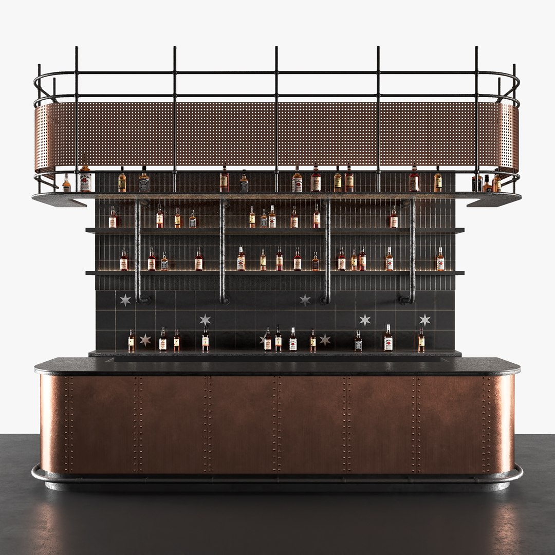 modelo 3d Bar Counter in Dark Colours with Bottles - TurboSquid 2103038