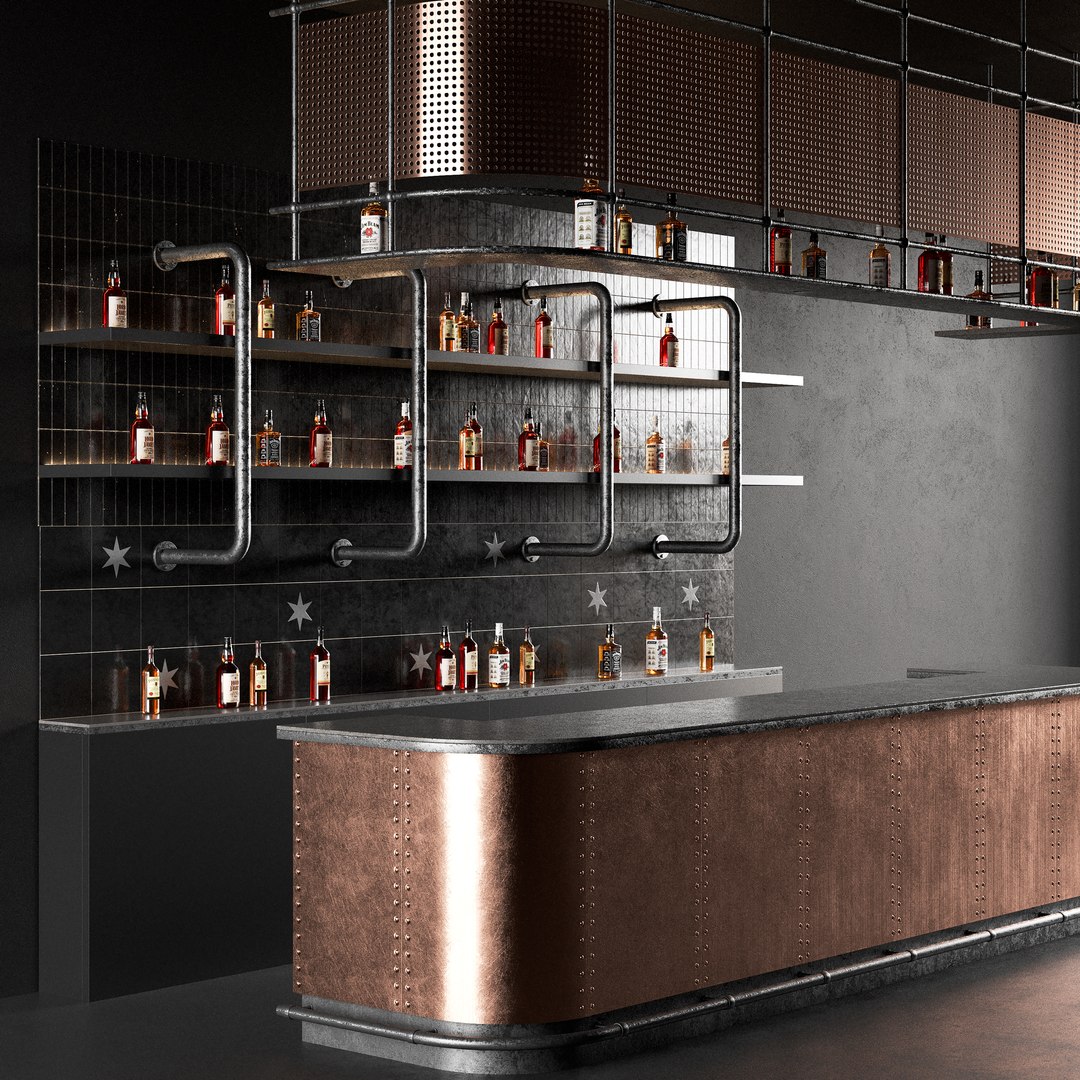 3D Bar Counter In Dark Colours With Bottles Model - TurboSquid 2103038