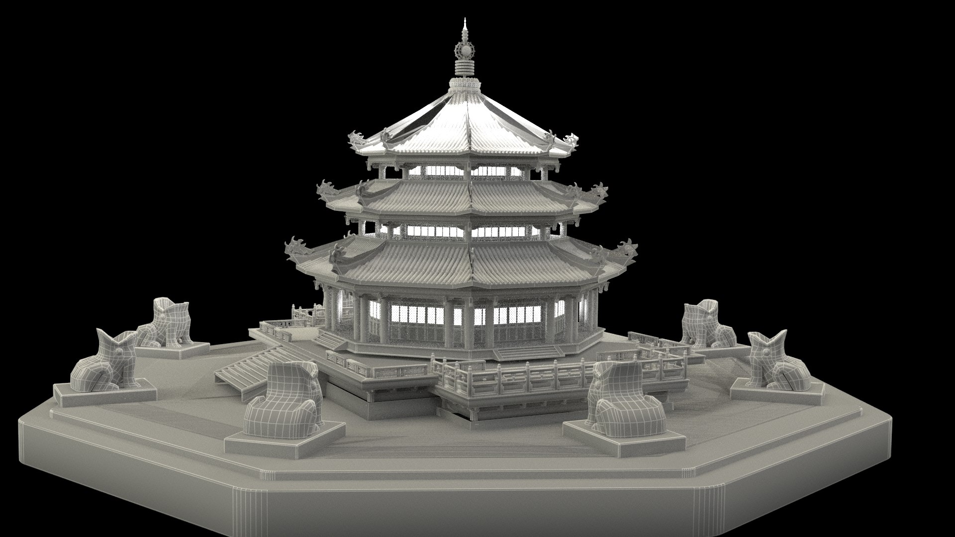3D Chinese Ancient Tower With Toad Statues Model - TurboSquid 1850516