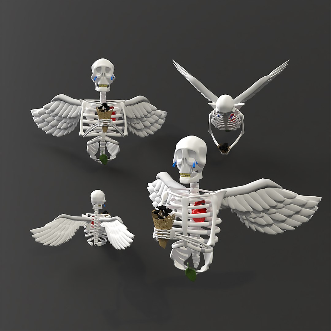 3D Cartoon Crying Skull Angel With Roses - TurboSquid 1780726