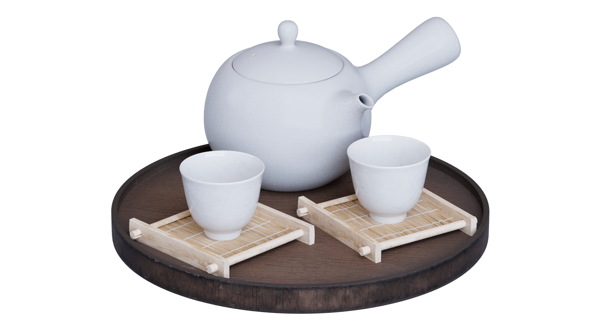 3D White Tea Set With Bamboo Coasters And Wooden Tray - TurboSquid 2362863