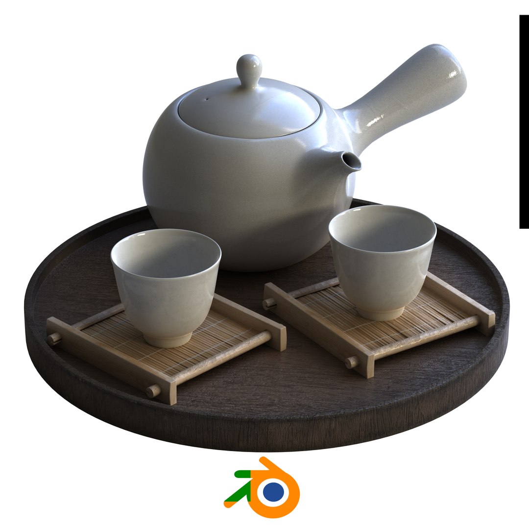 3D White Tea Set With Bamboo Coasters And Wooden Tray - TurboSquid 2362863