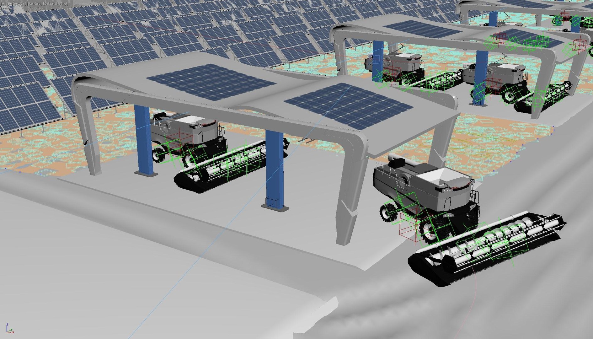Futuristic harvesters with solar panels and windmills model ...