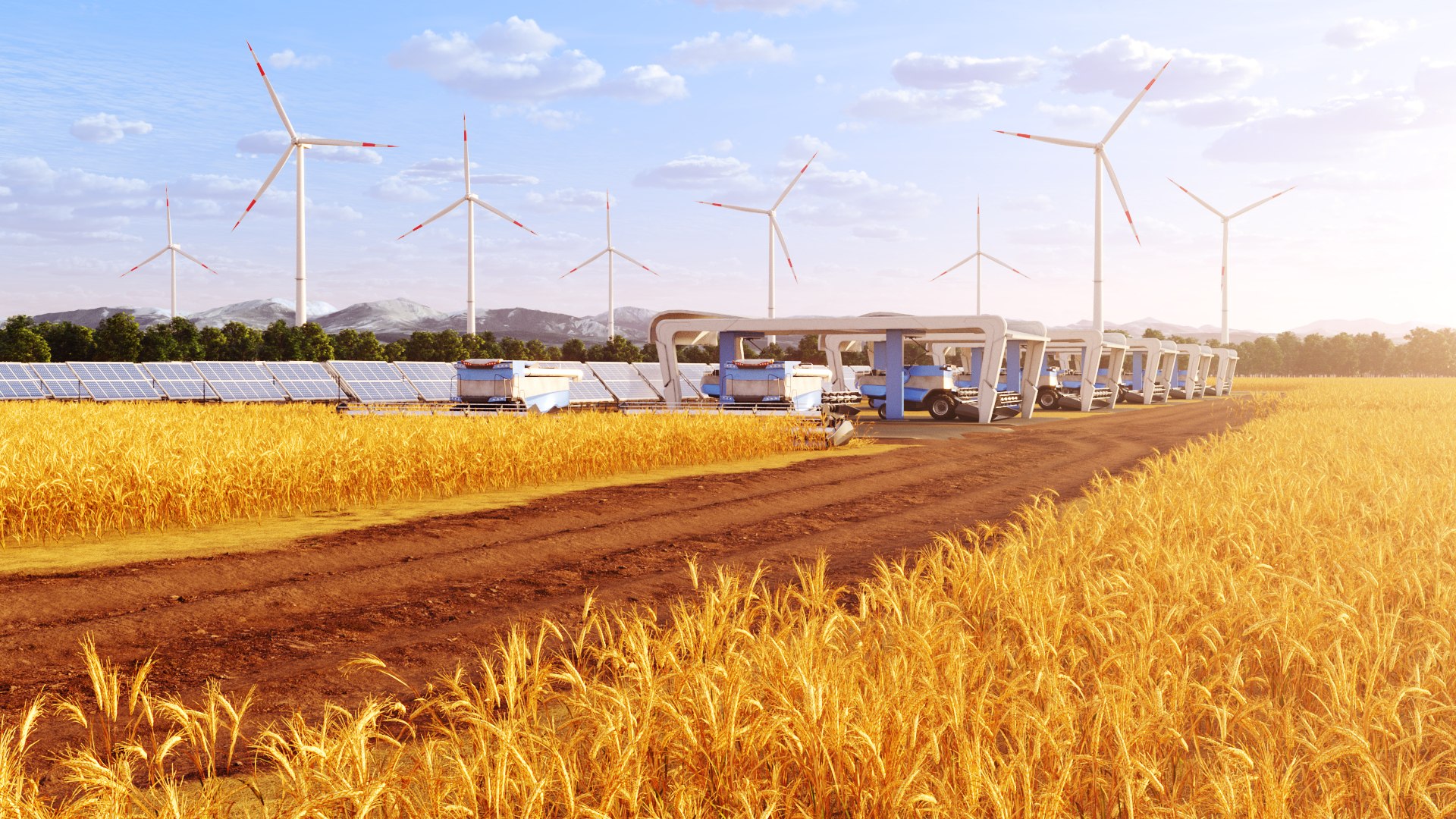 Futuristic harvesters with solar panels and windmills model ...