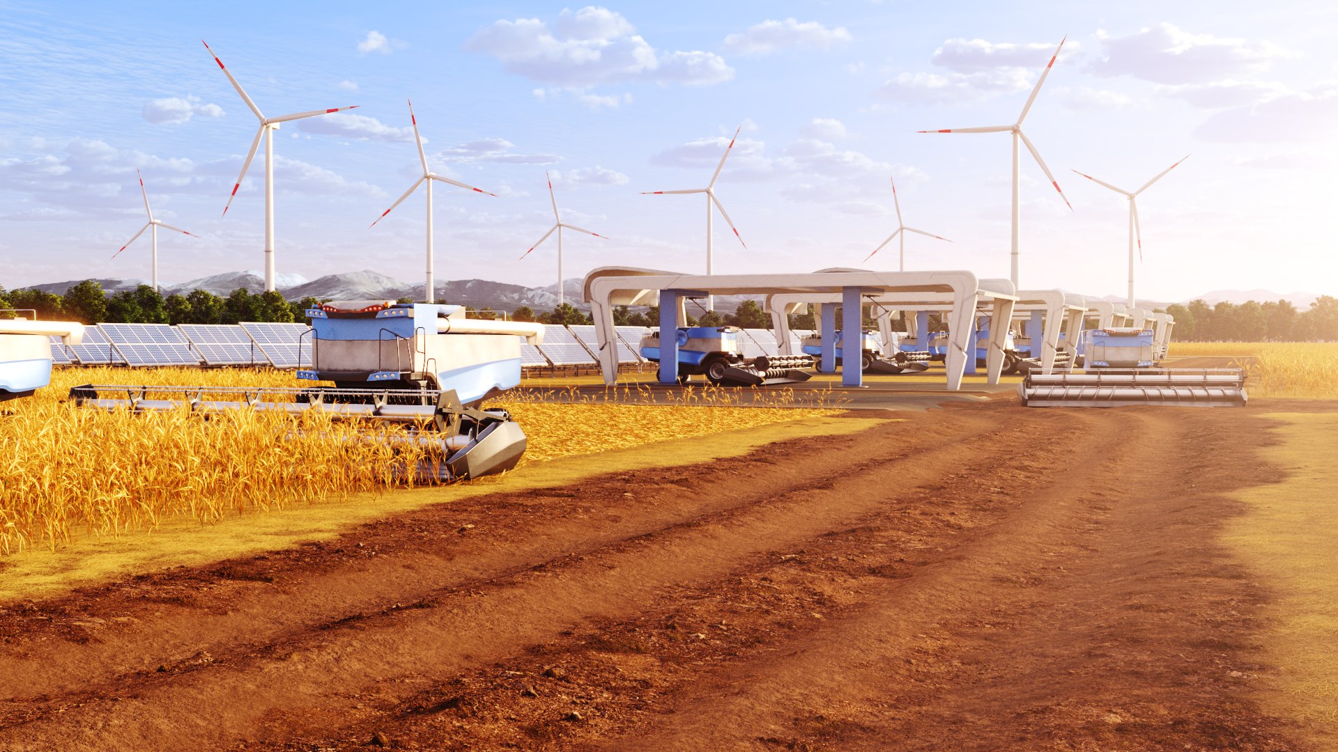 Futuristic harvesters with solar panels and windmills model ...