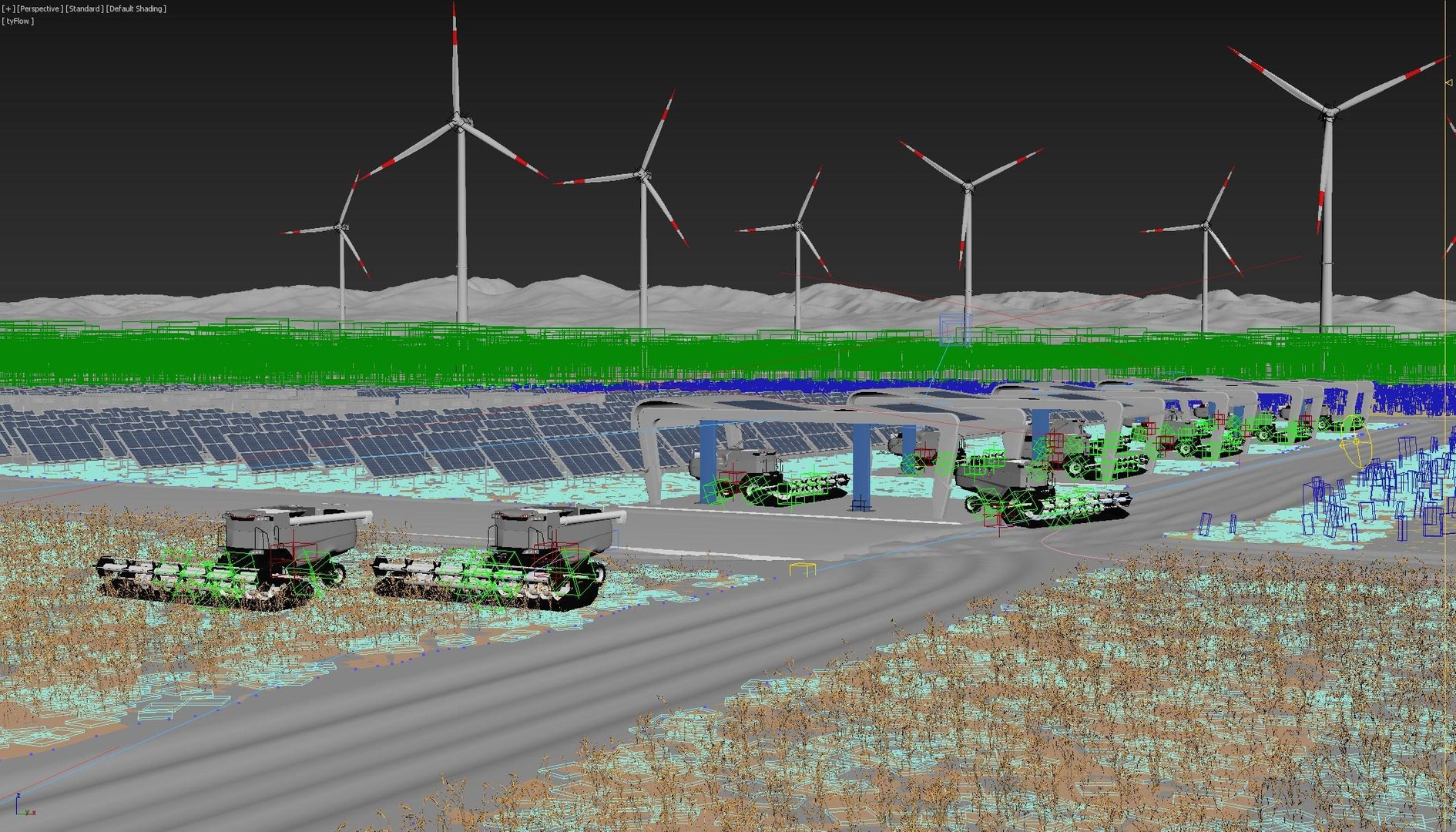 Futuristic harvesters with solar panels and windmills model ...
