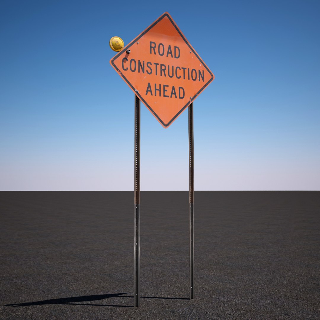 3d Model Road Construction Ahead Sign