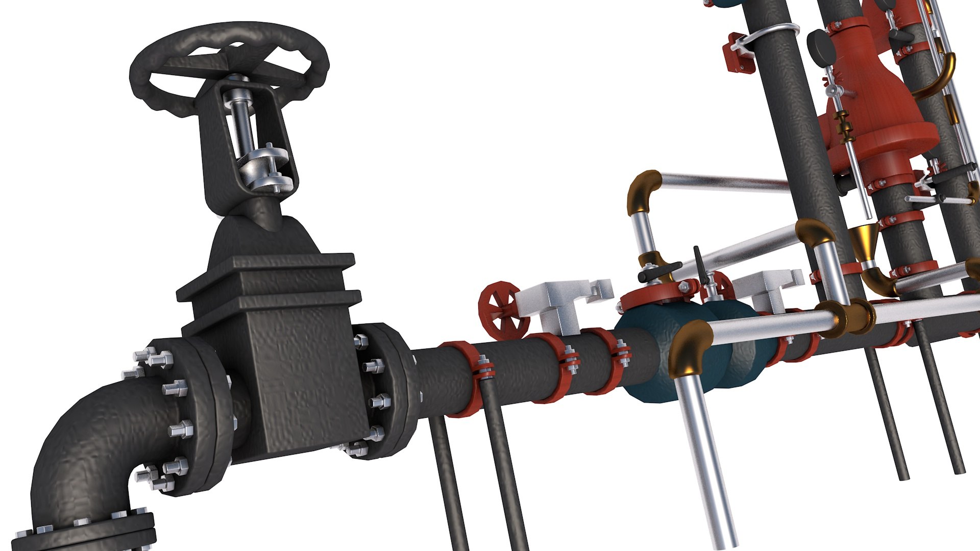 Industrial Pipe System With Valves And Gauges 3D Model - TurboSquid 2245430
