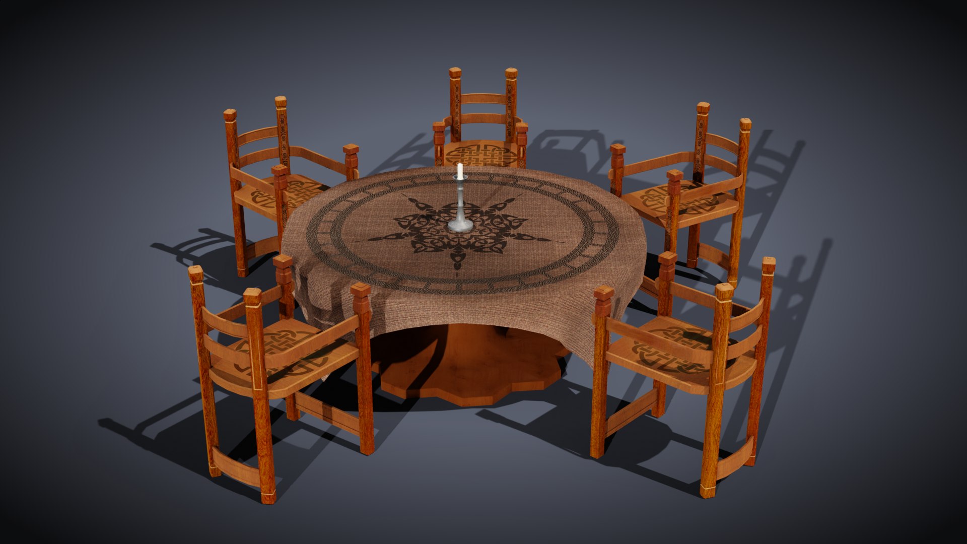 Round Viking Table with Table Cloth Candle and Chairs 3D - TurboSquid ...