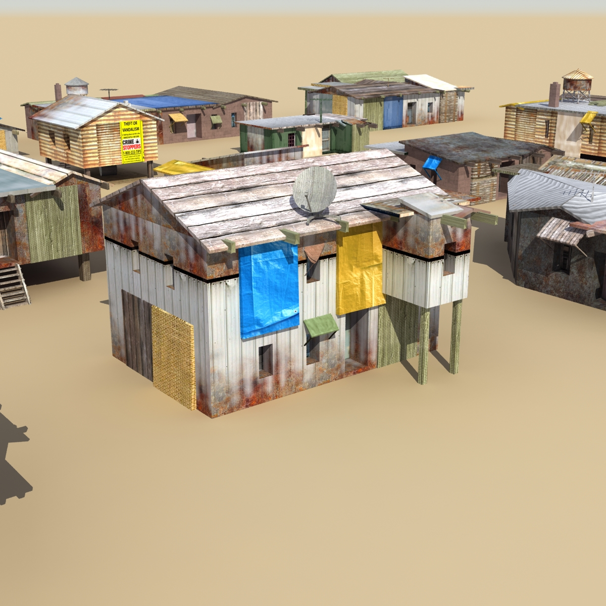 3d tin shack buildings town