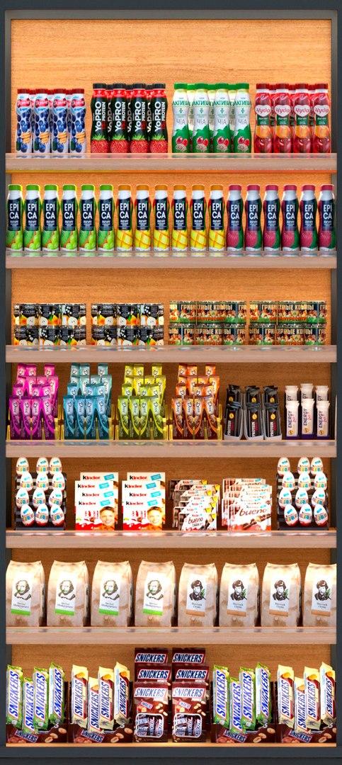 3D model Large showcase in a supermarket with products and sweets ...