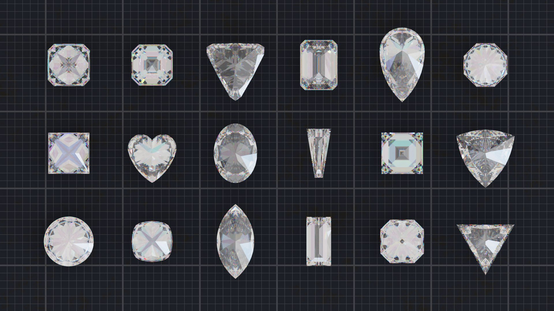 Pack of 18 gem cuts for jewelry - diamonds 3D model - TurboSquid 2145486