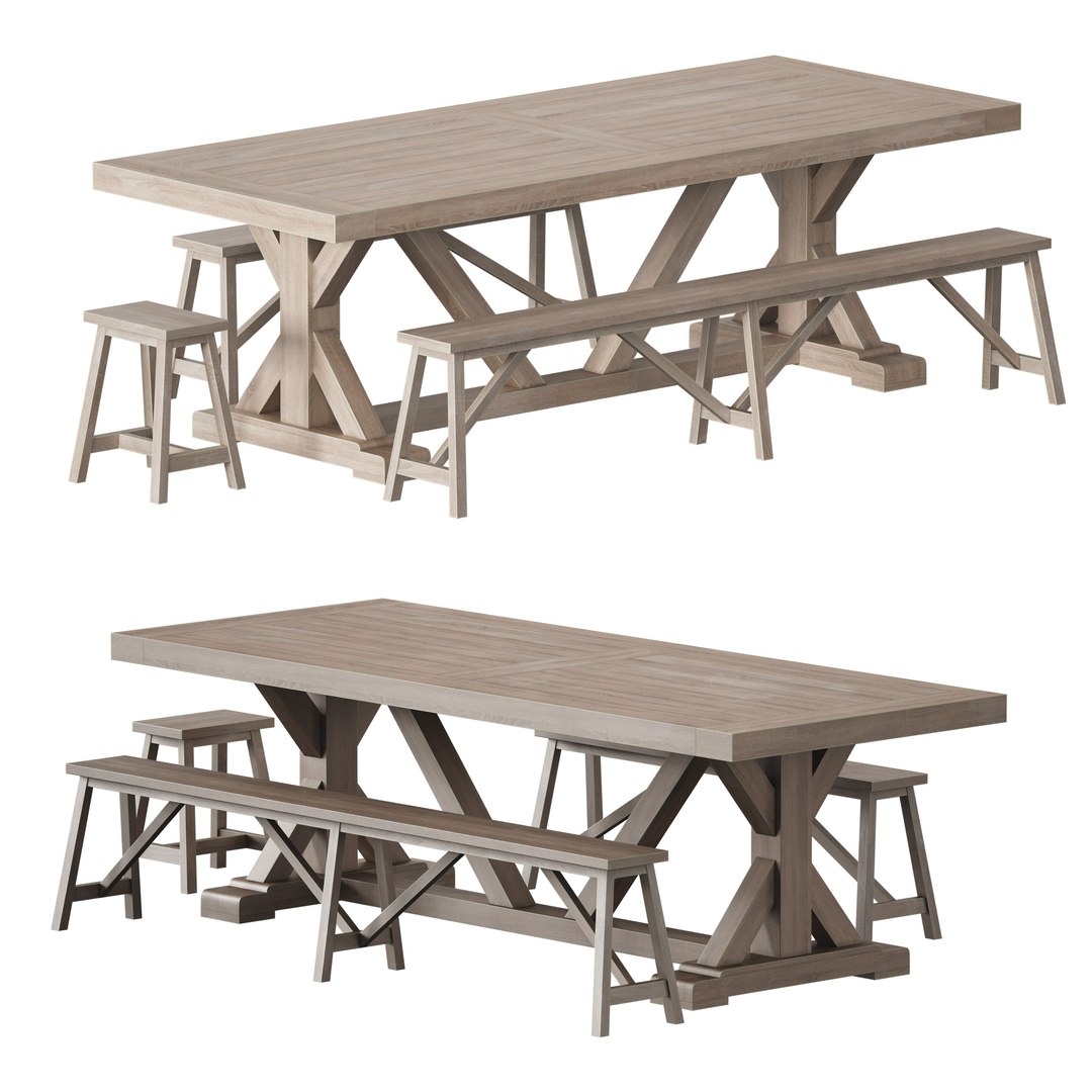 3D Trestle Teak Dining Table With Benches Model - TurboSquid 2173665