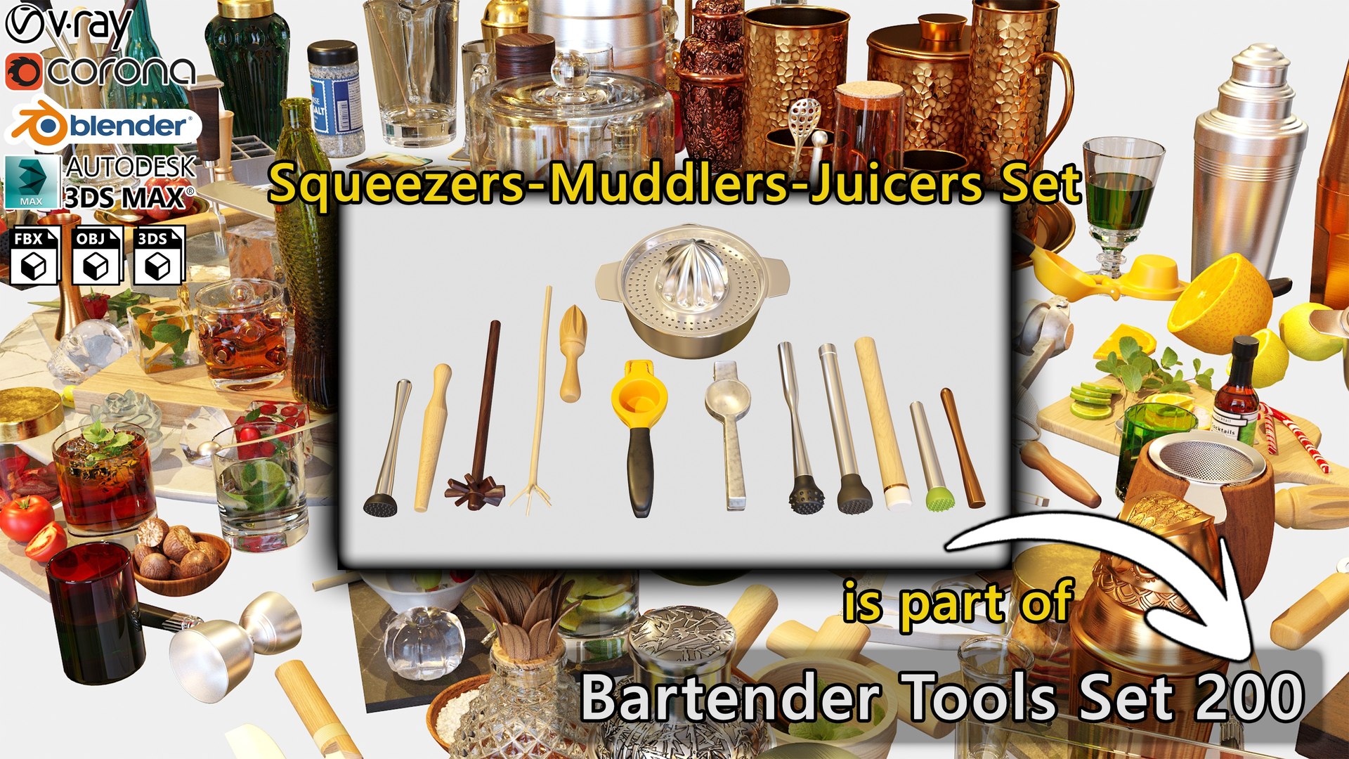 Bartender Tools Set 200 Squeezers Muddlers Juicers 3D Model ...