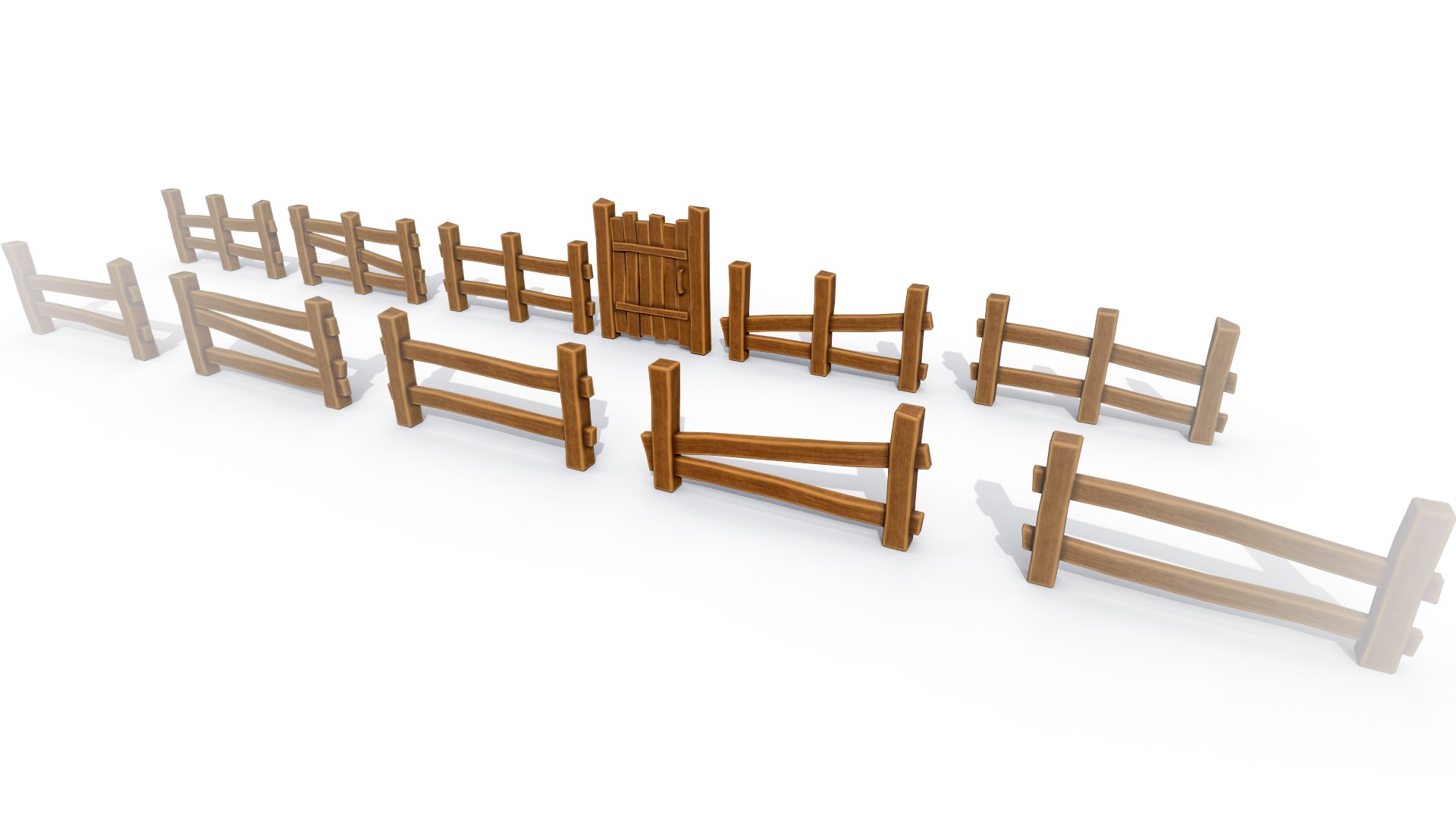 Stylized wooden fence of 10 sections PBR game ready Low-poly 3D model ...