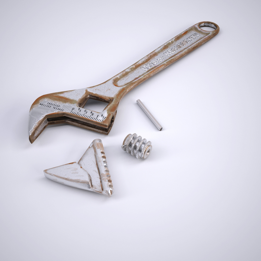 3d model old rusty adjustable wrench