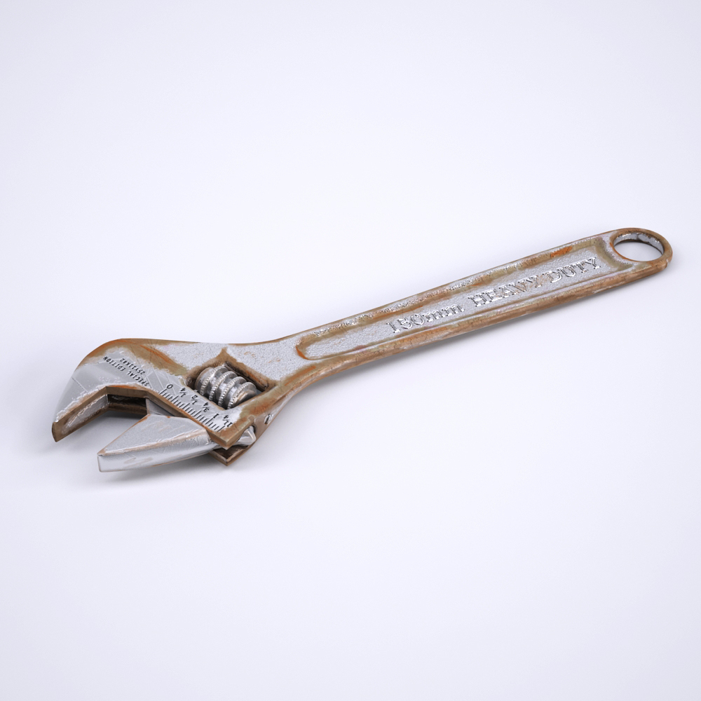 3d model old rusty adjustable wrench
