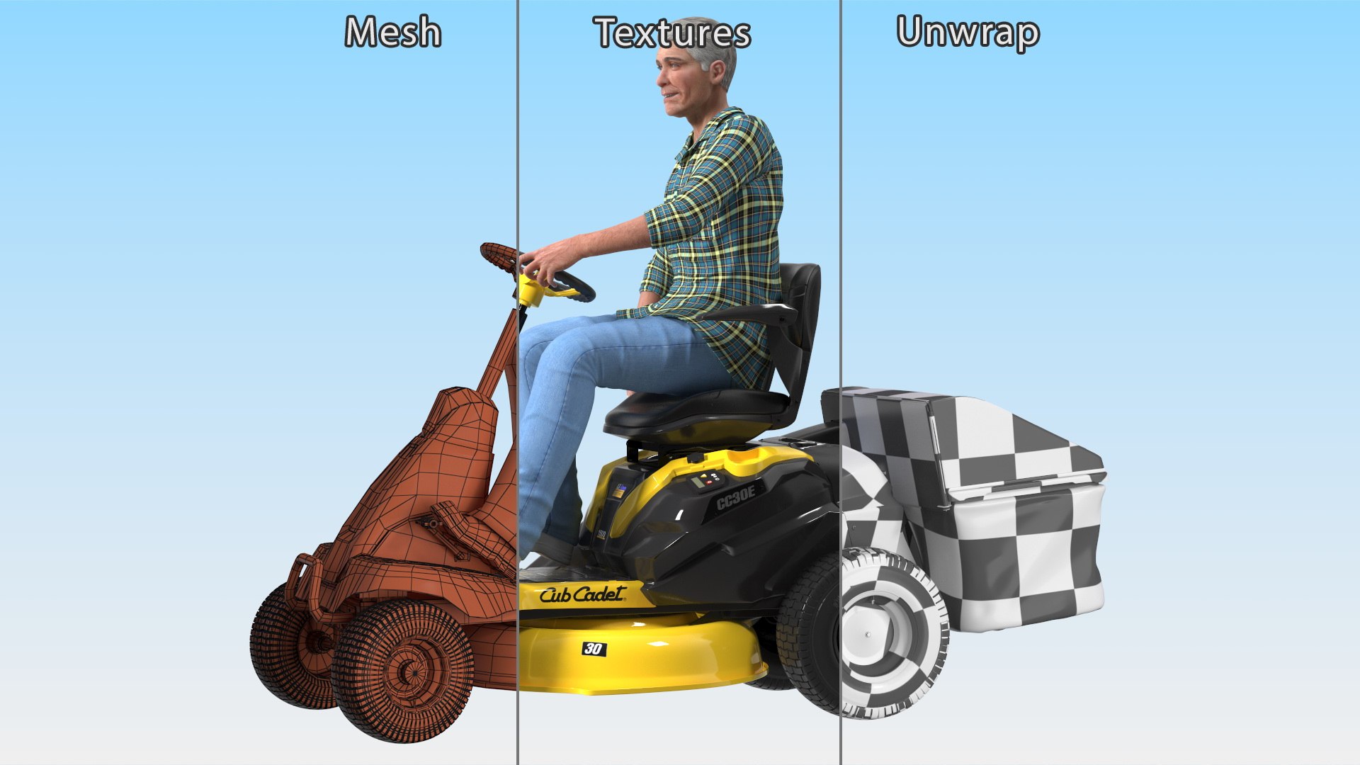 3D Man with Riding Lawn Mower Cub Cadet CC30E model - TurboSquid 2135243