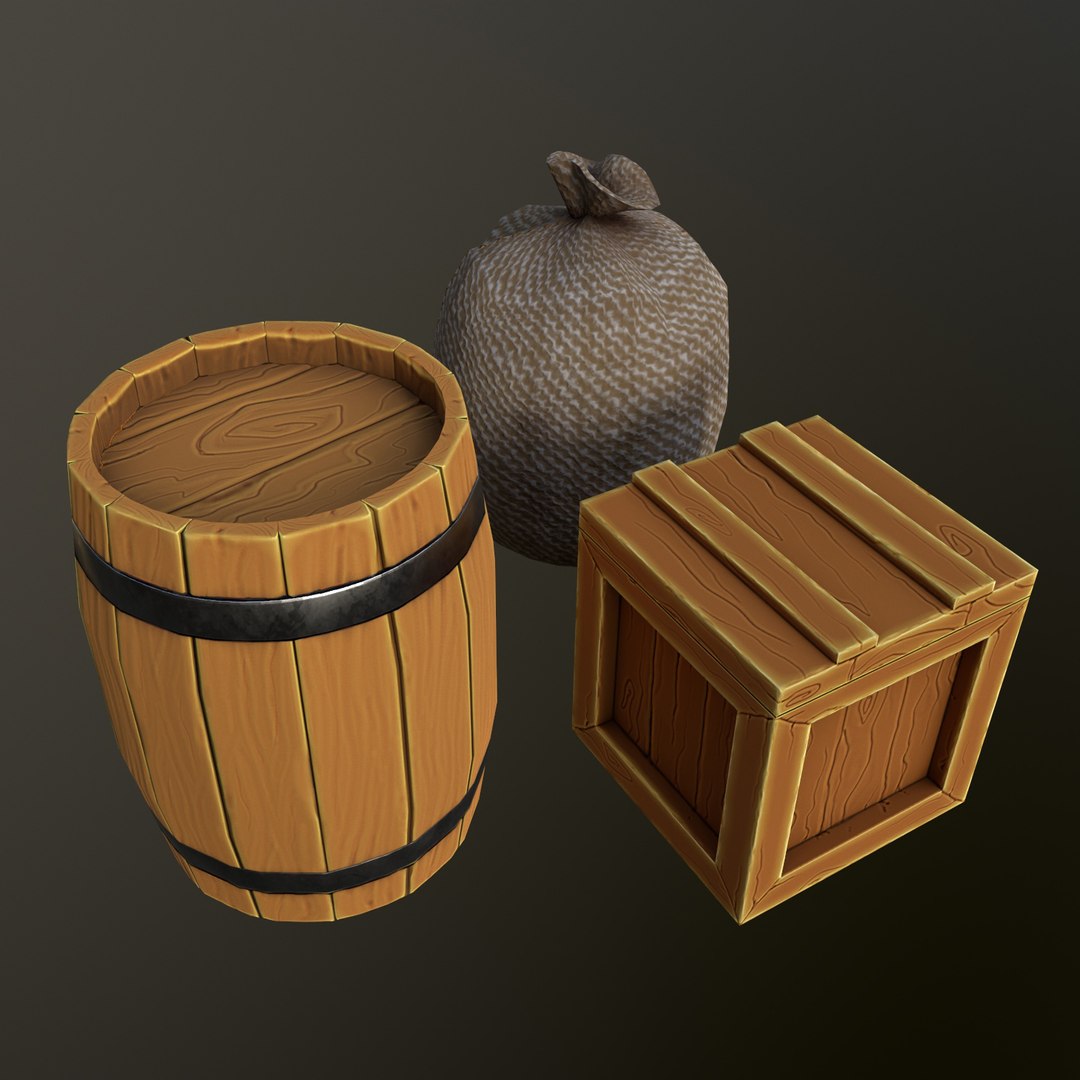 3D Lowpoly Stylized Container Game Asset With Barrel Box And Sack Low ...