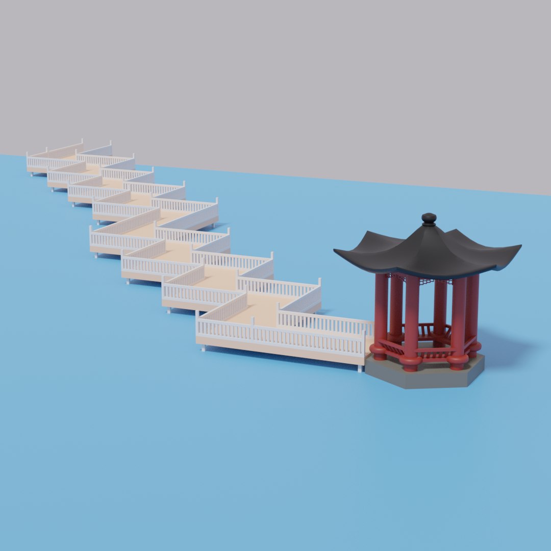 3D Cartoon Chinese Nine-turn Bridge And Pavilion Model - TurboSquid 1782429
