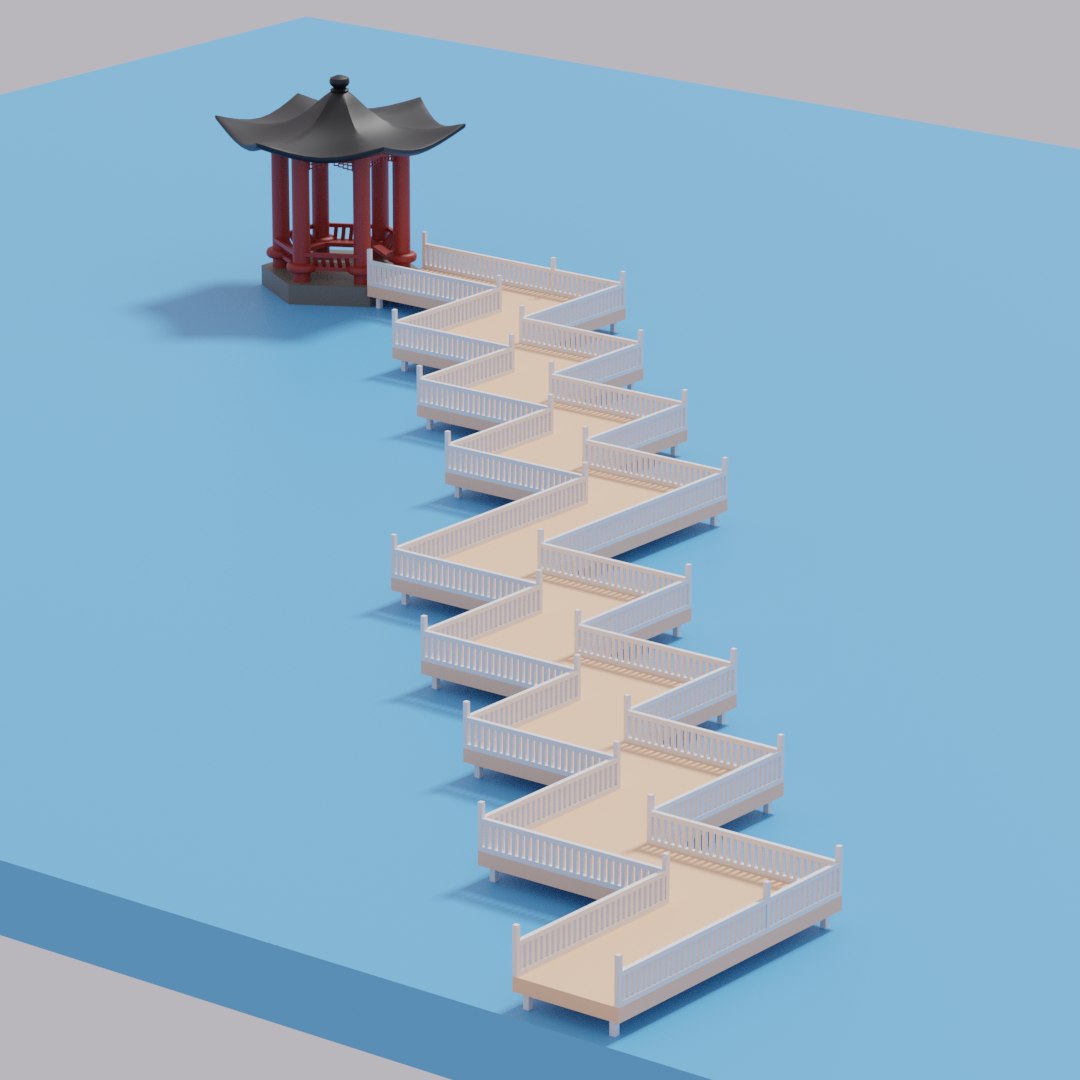 3D Cartoon Chinese Nine-turn Bridge And Pavilion Model - TurboSquid 1782429
