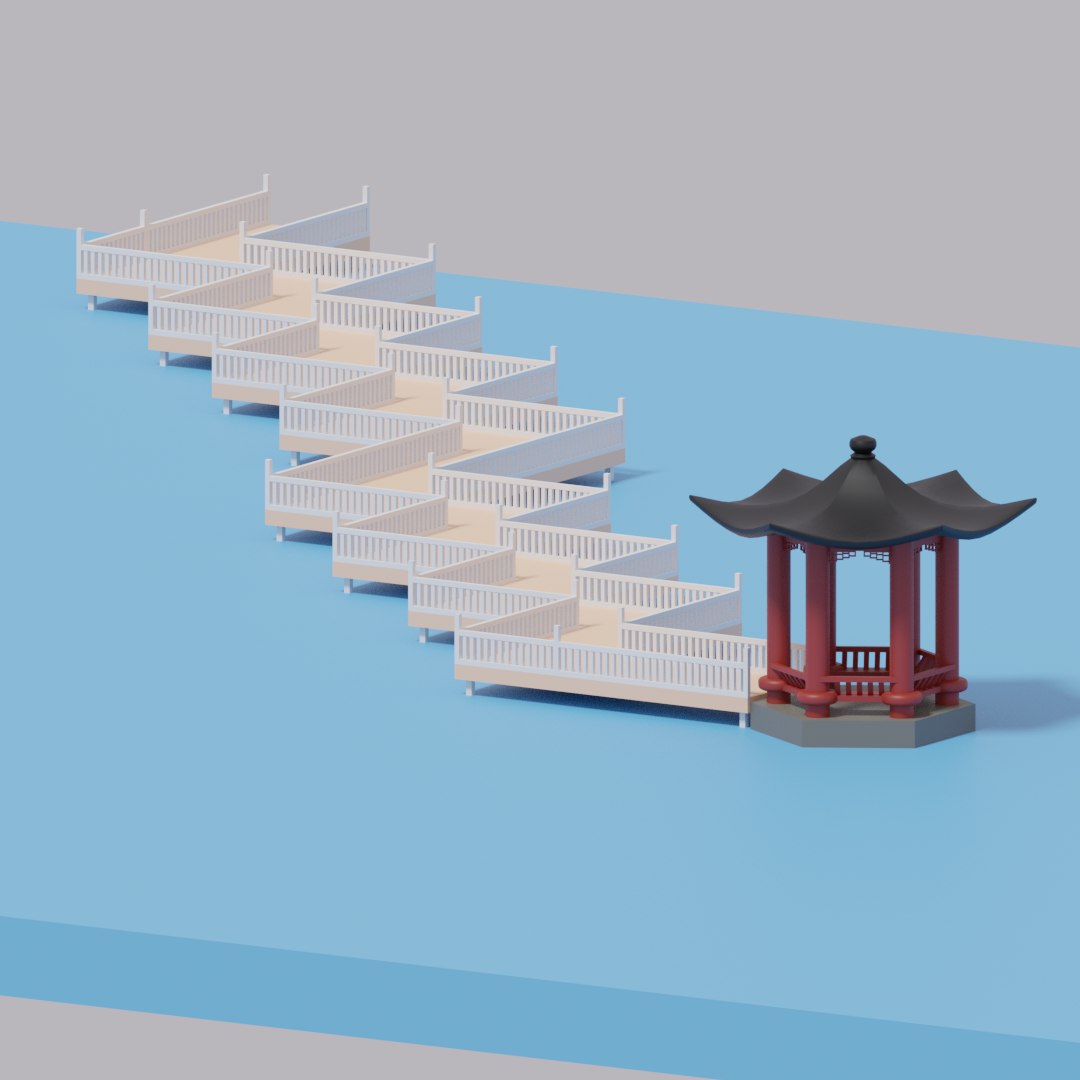 3D Cartoon Chinese Nine-turn Bridge And Pavilion Model - TurboSquid 1782429