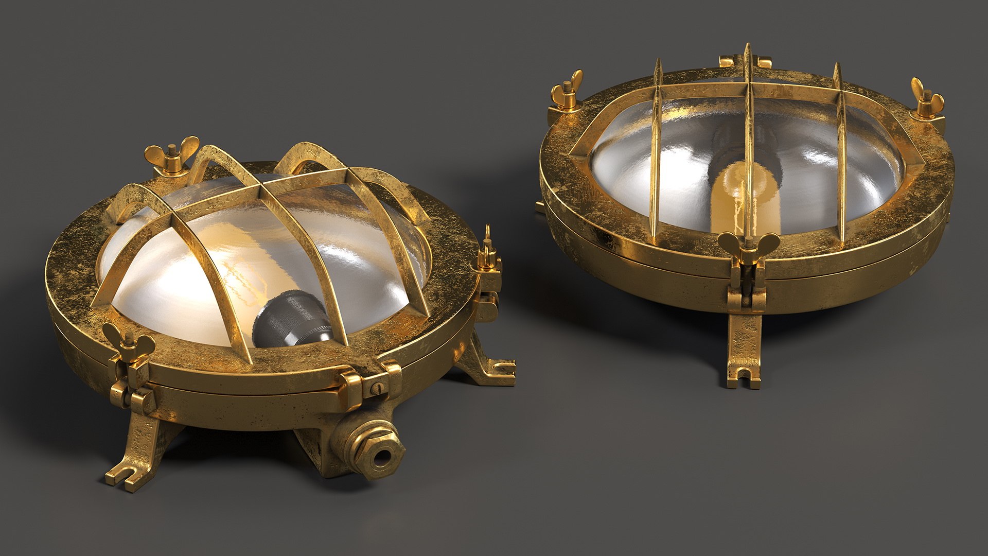 3D Bulkhead Brass Light With Clear Glass On State - TurboSquid 1980767
