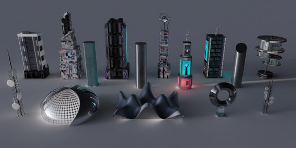 modelo 3d Cyberpunk Sci-fi futuristic building pack mid-poly 3D model Low-poly 3D model ...