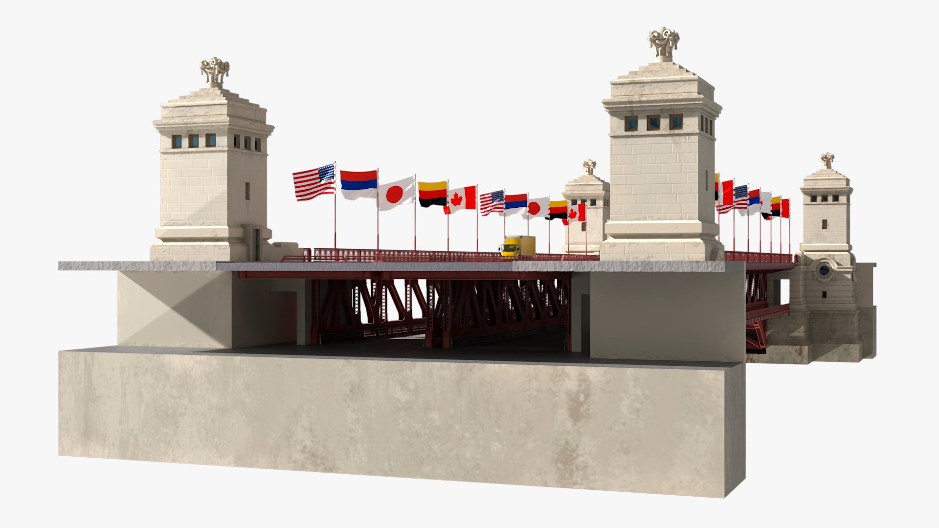 Drawbridge With Cars And Flags 3D Model - TurboSquid 2302729