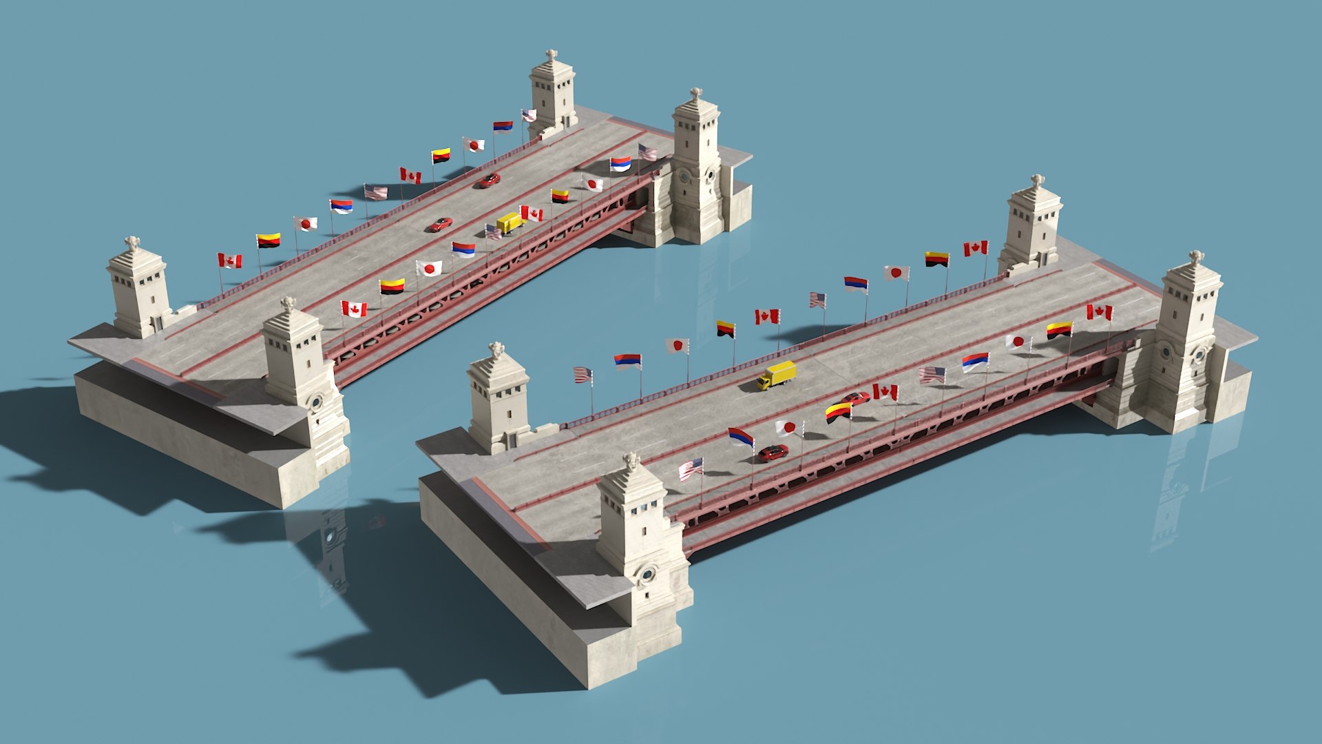 Drawbridge With Cars And Flags 3D Model - TurboSquid 2302729