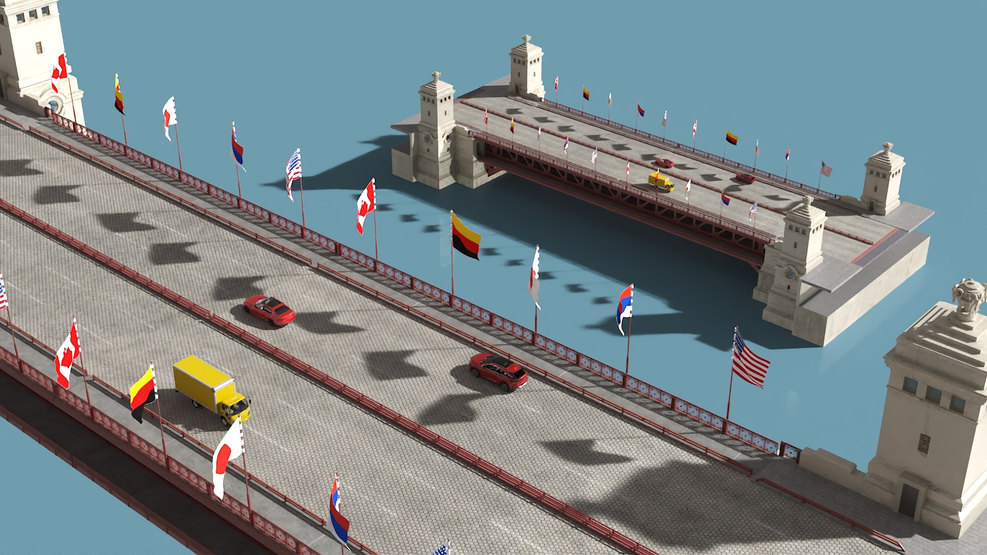 Drawbridge With Cars And Flags 3D Model - TurboSquid 2302729