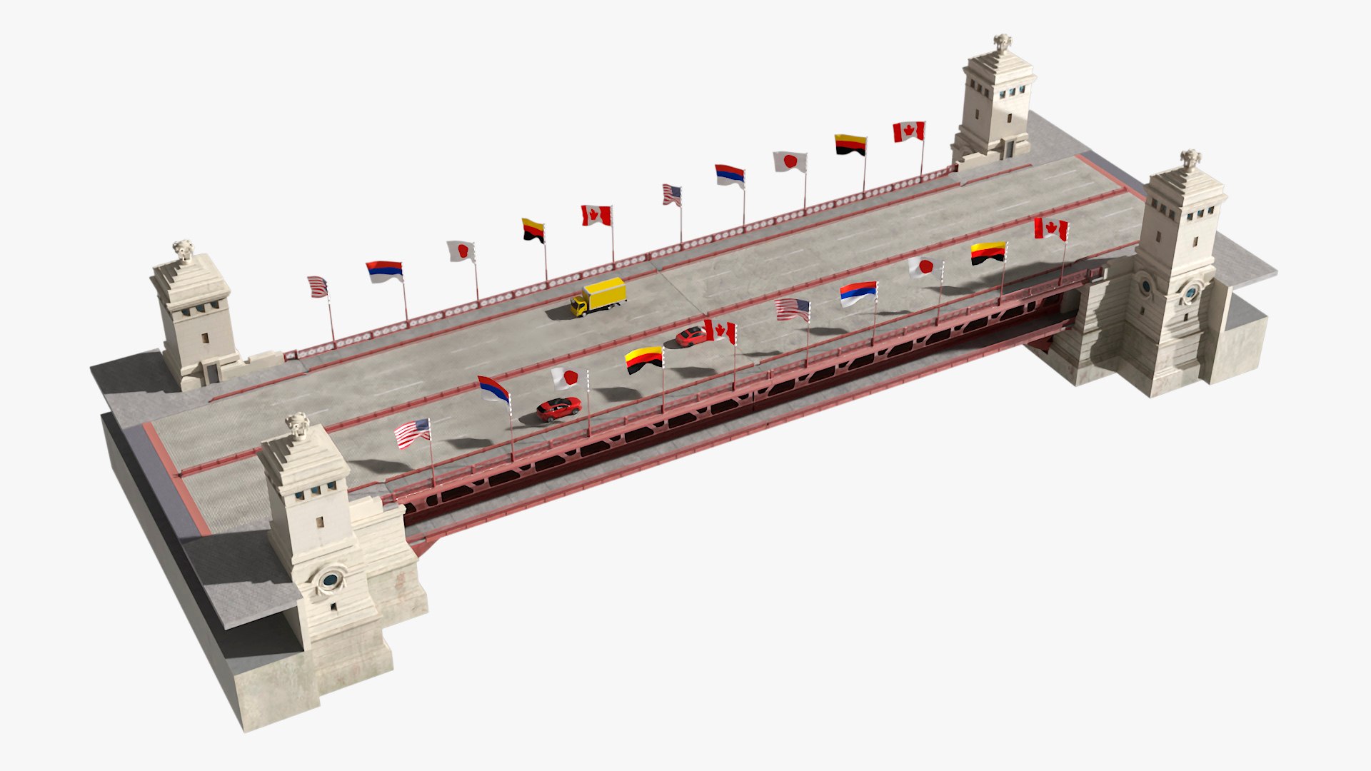 Drawbridge With Cars And Flags 3D Model - TurboSquid 2302729