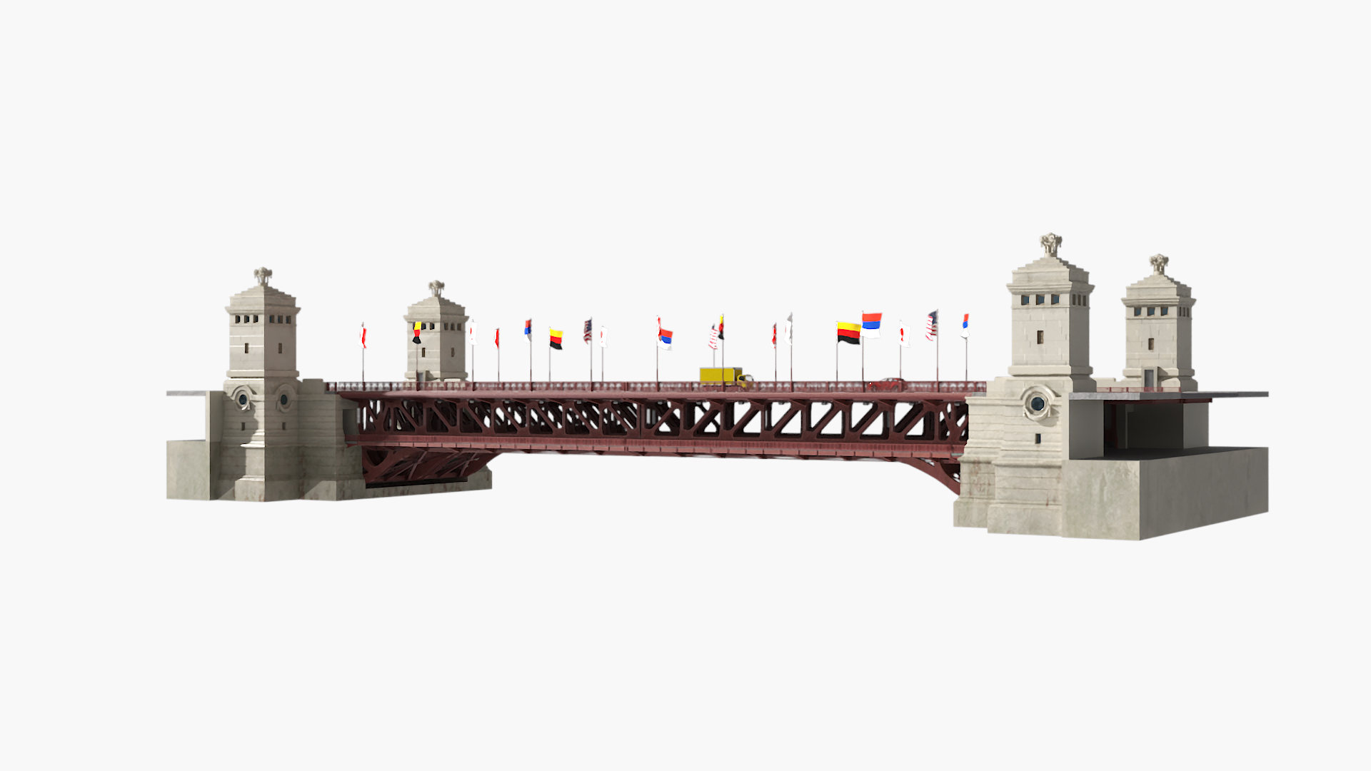 Drawbridge With Cars And Flags 3D Model - TurboSquid 2302729